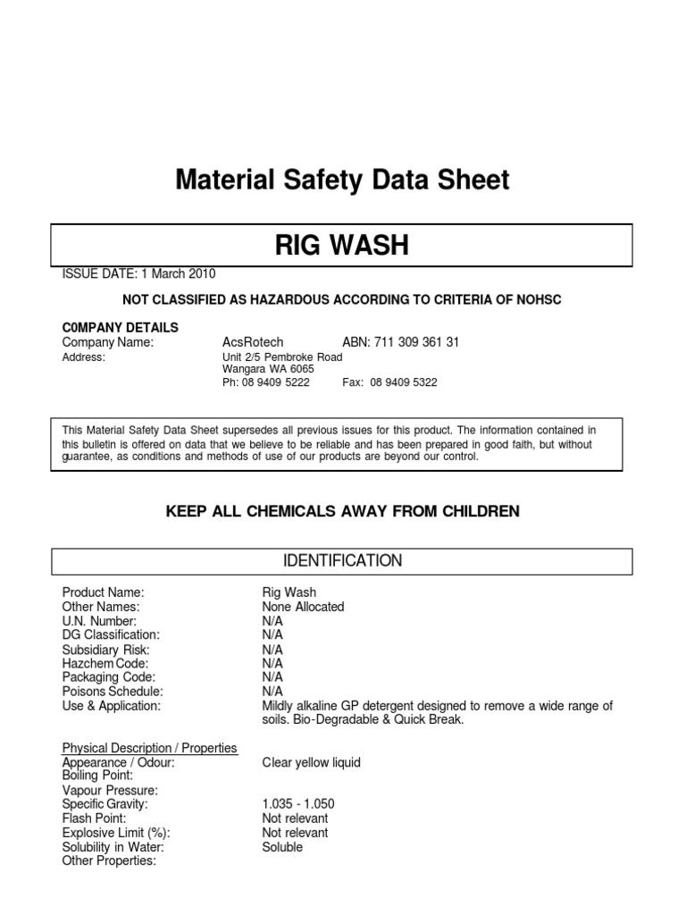 ACS Rotech MSDS Rig Wash | PDF | Safety | Chemistry