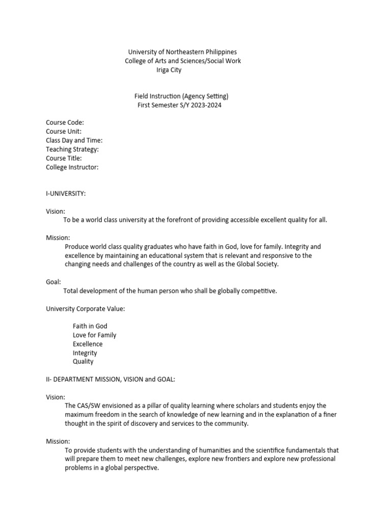 Field Instruction 1 First Semester School Year 2023 To 2024 | PDF | Social Work | Lecture