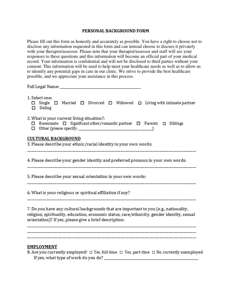 Personal Background Information Form | PDF | Chronic Condition ...