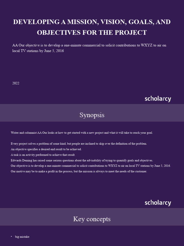 Developing A Mission Vision Goals and Objectives For The Project | PDF ...