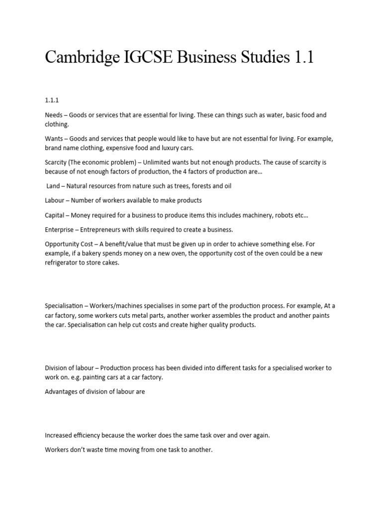 Cambridge IGCSE Business Studies 1 | PDF | Business | Cost
