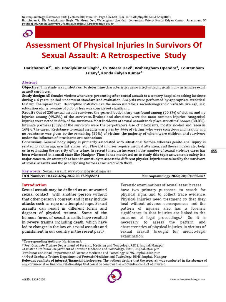 Assessment Of Physical Injuries In Survivors Of Sexual Assault A