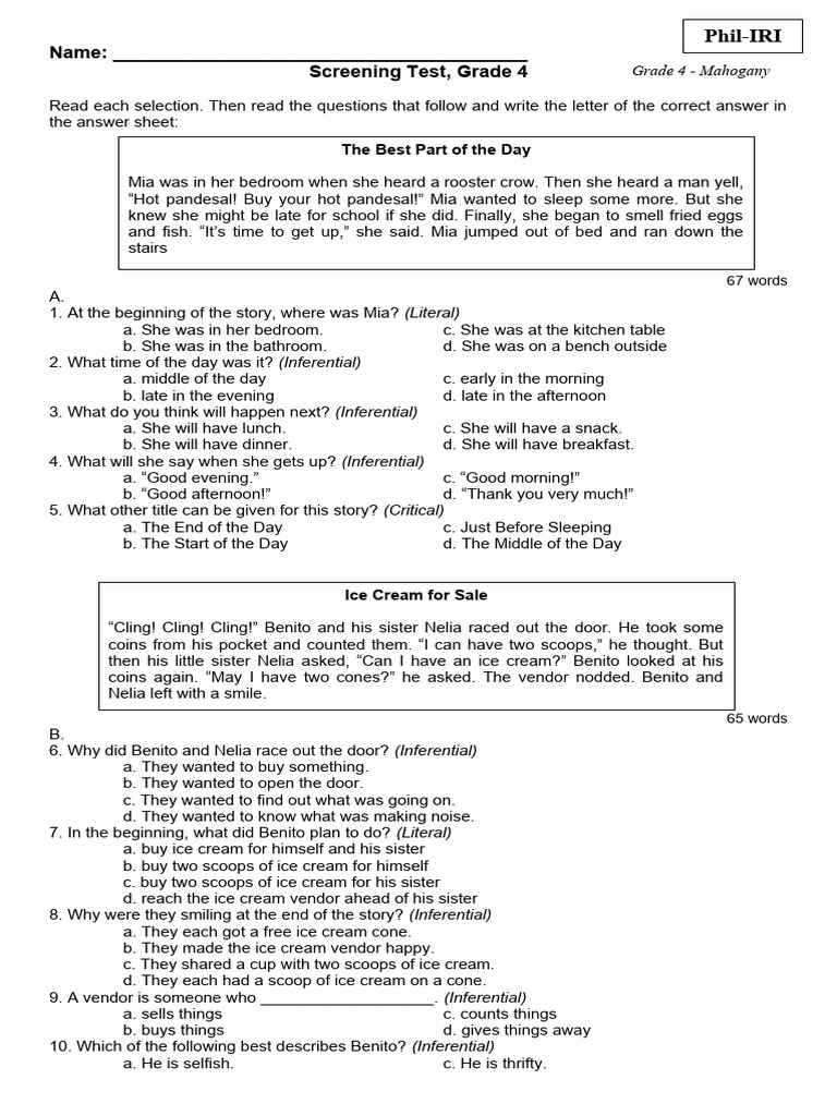 Phil-Iri GST Grade 4 English | PDF | Language Arts & Discipline