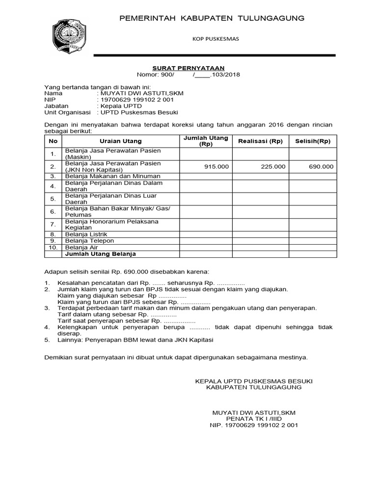 Format Surat Pernyataan(piutang) | PDF