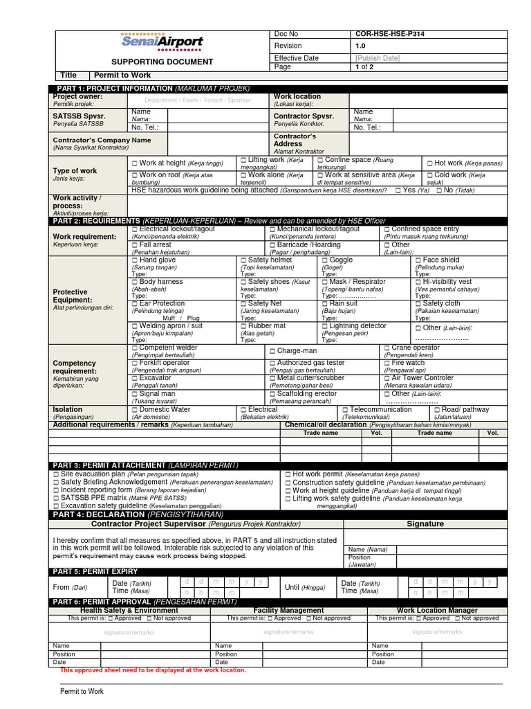 Supporting Document Title Permit To Work: Part 1: Project Information (Maklumat Projek) | PDF ...