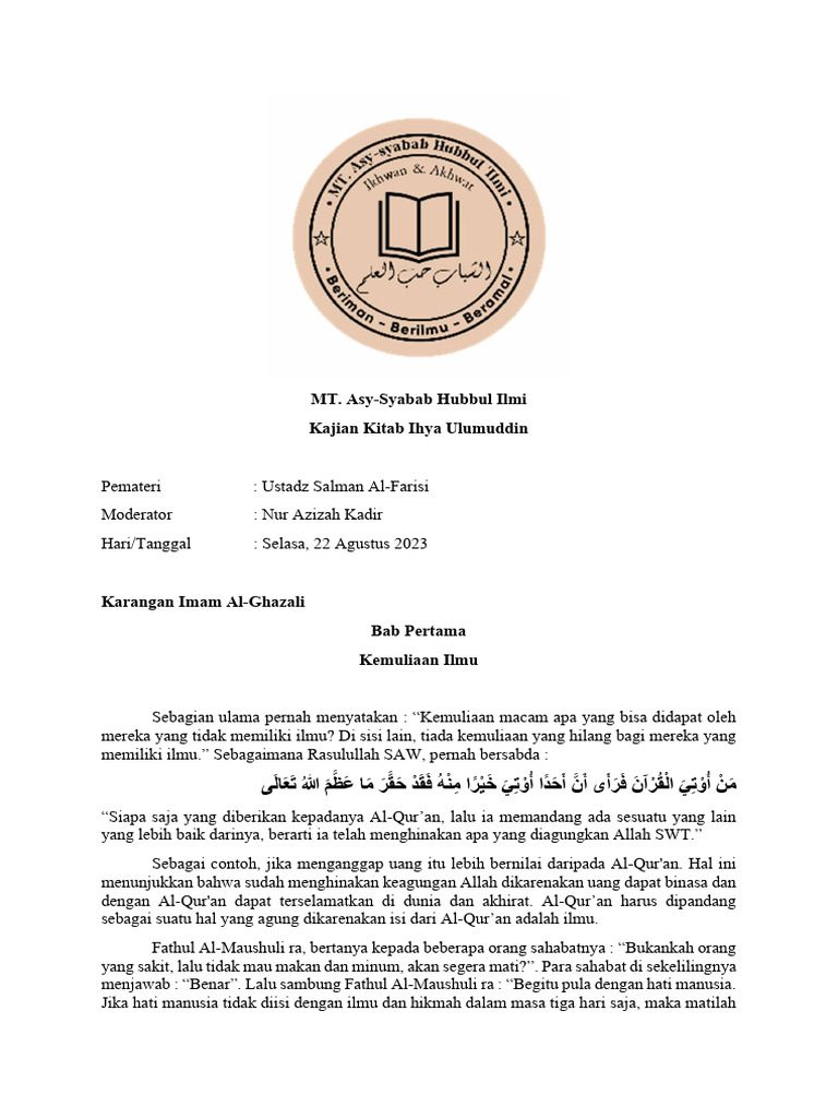 Catatan Kajian Rutin Kitab Ihya Ulumuddin (22 Agustus 2023) | PDF