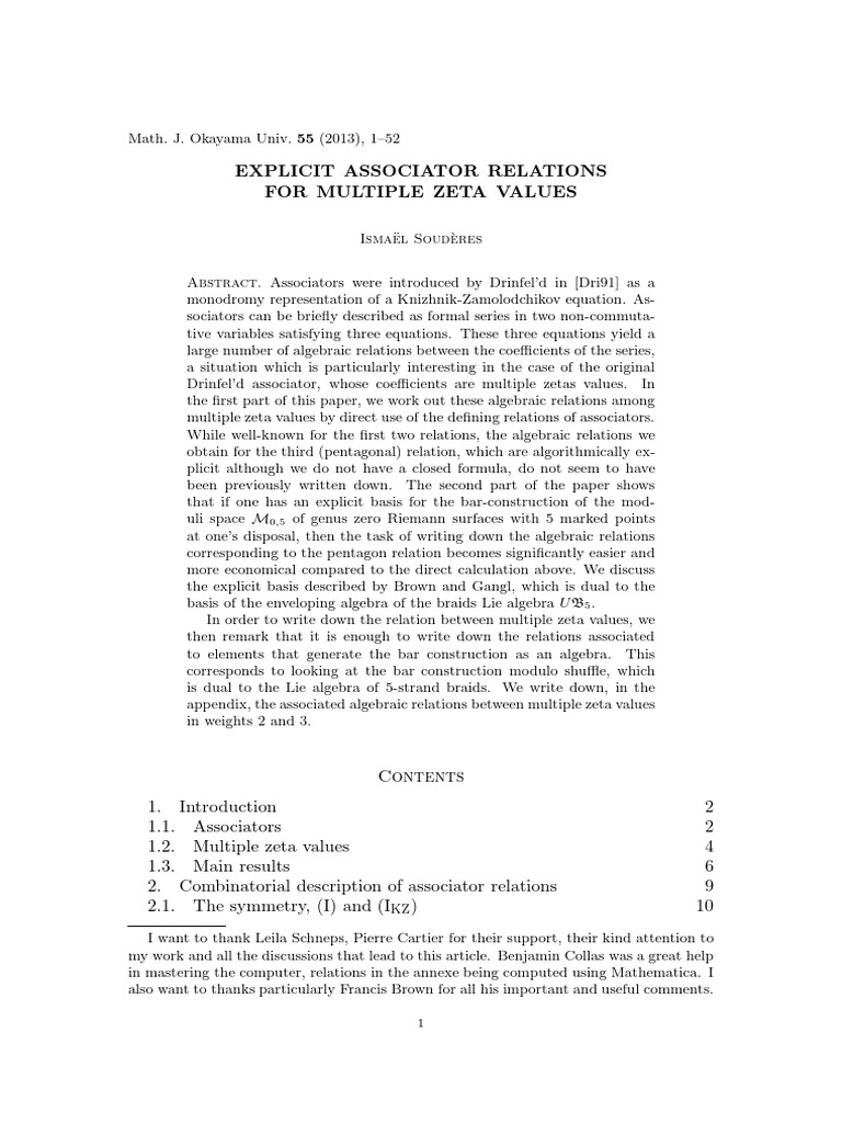 Explicit Associator Relations For Multiple Zeta Values | PDF | Algebra | Mathematical Concepts
