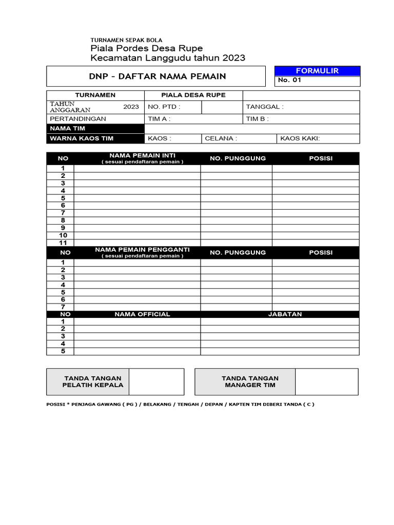 DNP - Daftar Nama Pemain: Piala Pordes Desa Rupe Kecamatan Langgudu Tahun 2023 | PDF