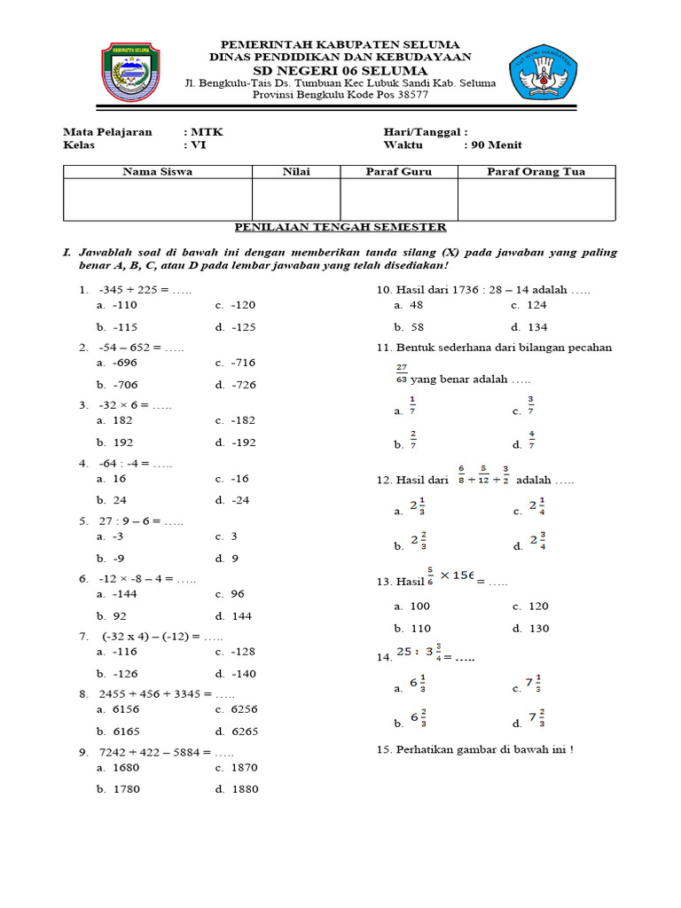 Soal PTS MTK Kelas 6 Semester 1 Oke | PDF