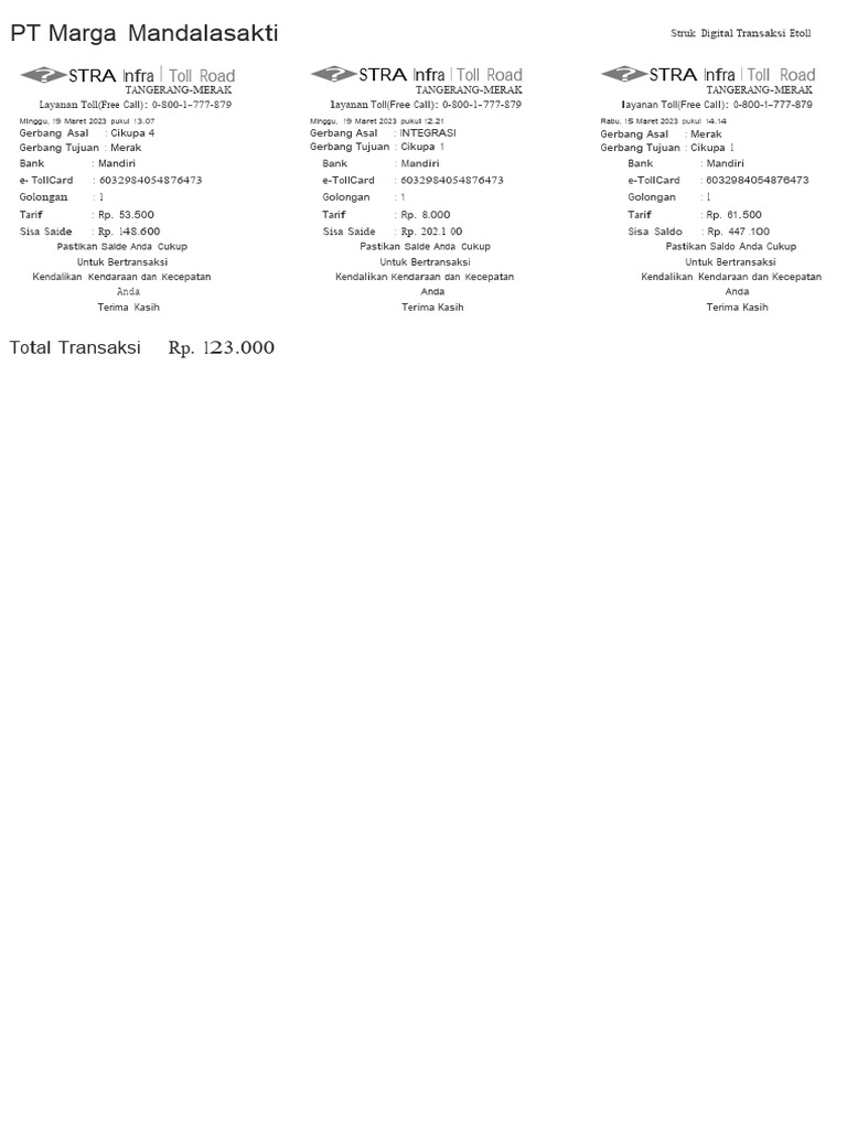 Struk Transaksi ASTRA Infra Toll Road - 204780 | PDF