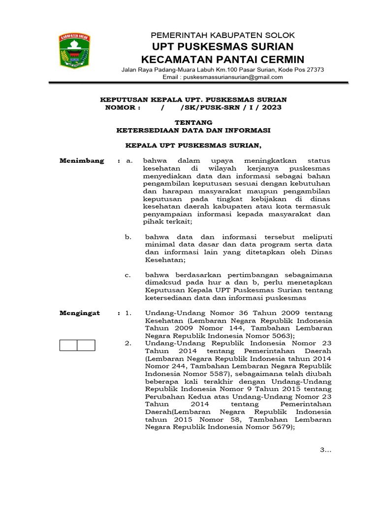 SK Ketersediaan Data Dan Informasi Puskesmas | PDF