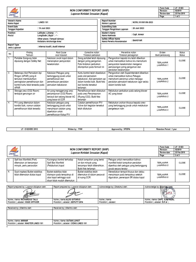 LF-D 023 Ketidak Sesuaian Kapal - Lineo 101 | PDF