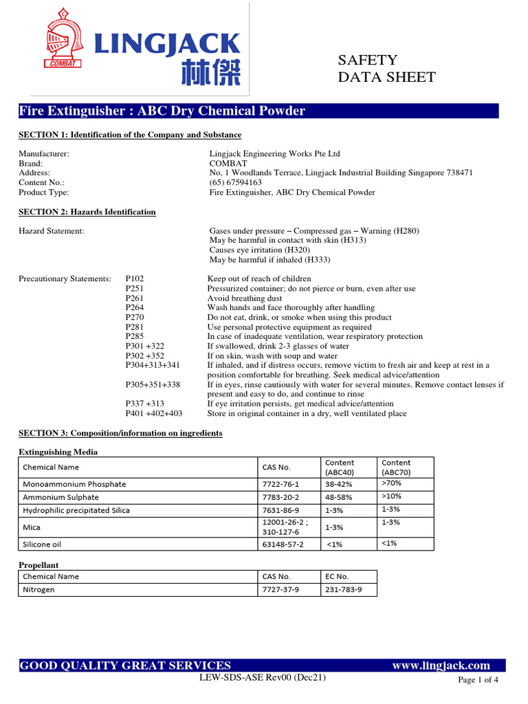 ABC Dry Powder Fire Extinguisher Safety Data Sheet | PDF | Water ...