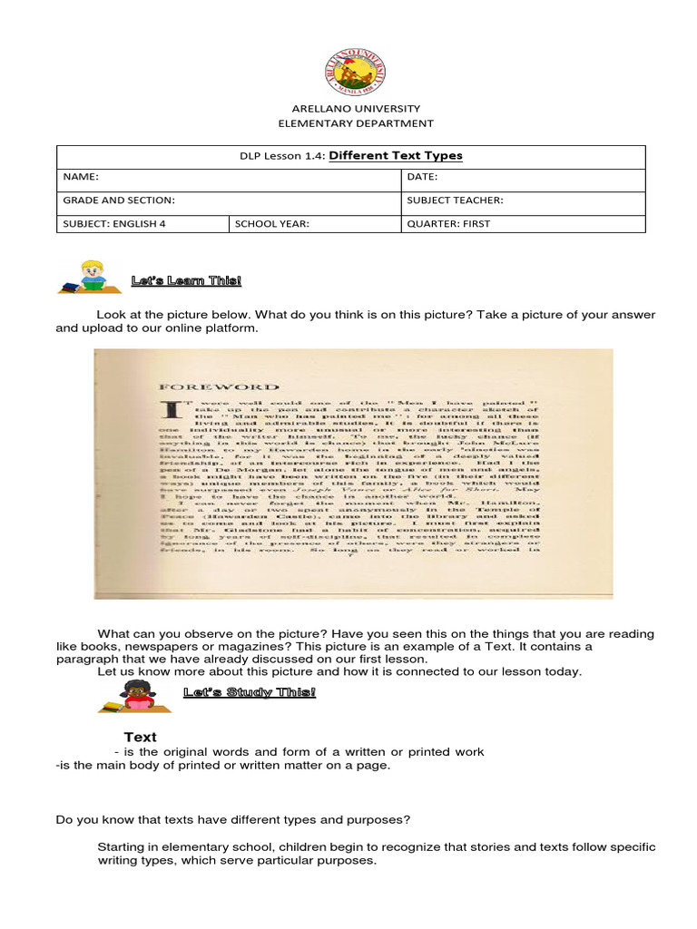 English 4 DLP 1.4 Different Text Types | PDF | Books | Writing