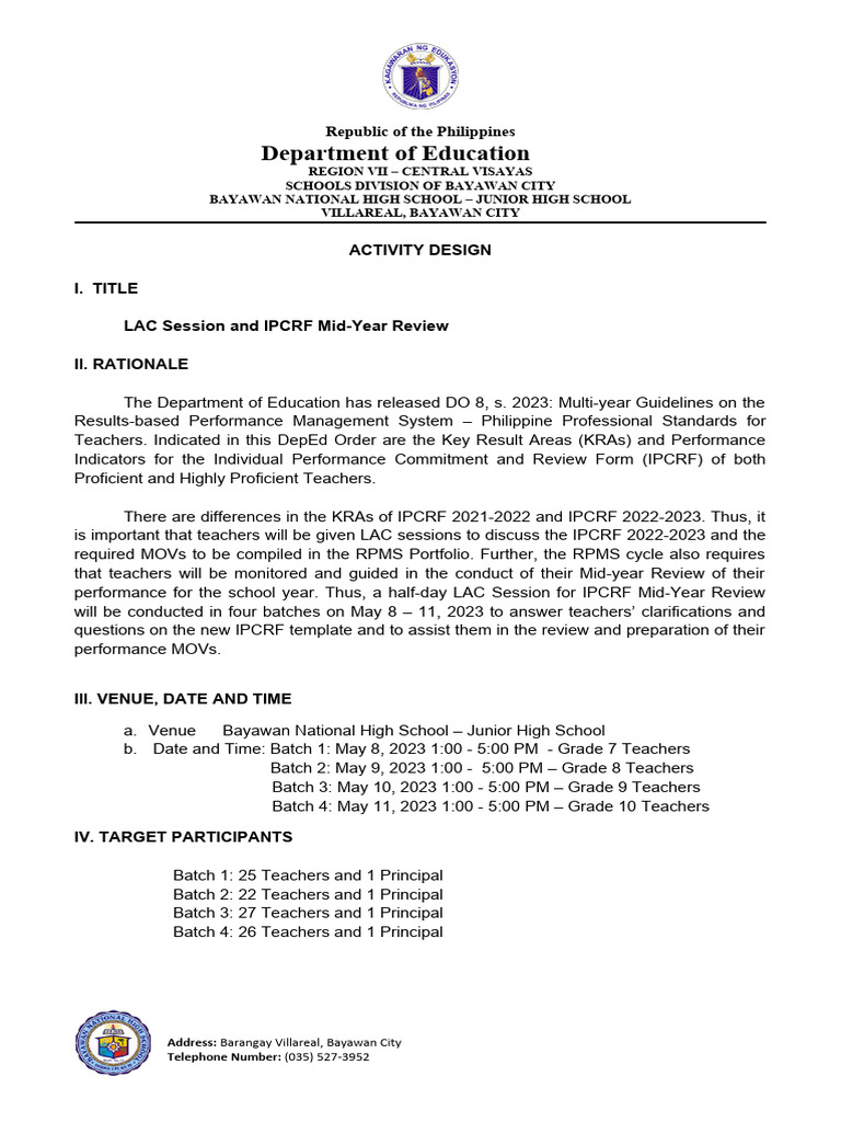 Activity Design LAC SESSION AND IPCRF MID YEAR REVIEW - Final | PDF