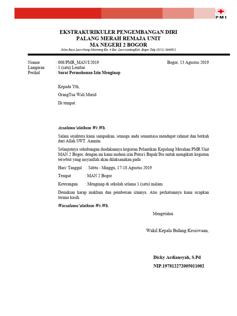 Surat Permohonan Izin Menginap Buat Orang Tua Untuk Pelantikan PDH | PDF