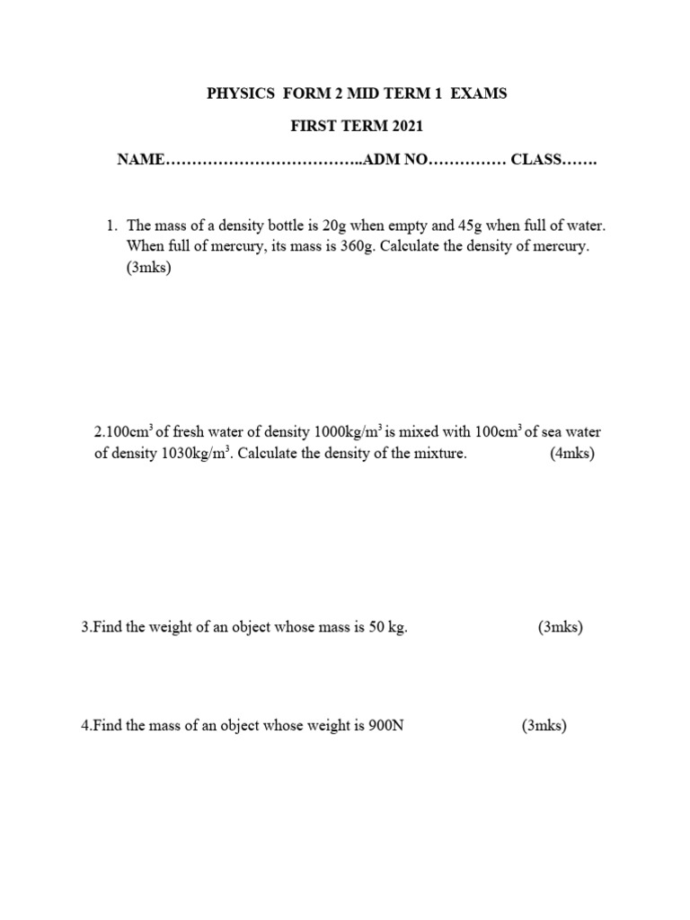 Set1 Physics MidTerm 1 2021 Teacher - Co - .Ke F2 Exam | PDF