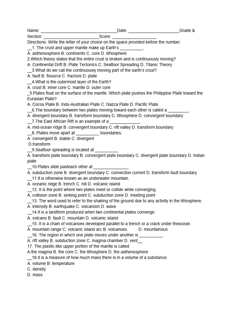 Science 10 Pre Test | PDF | Plate Tectonics | Structure Of The Earth