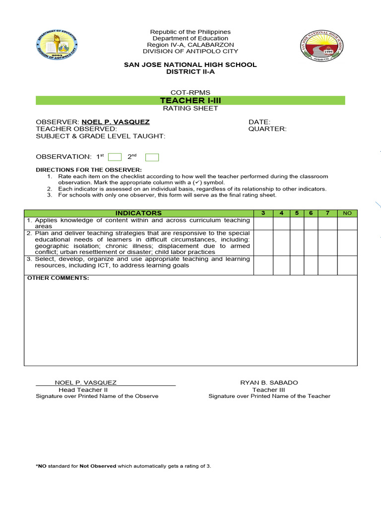 COT-RPMS Rating Sheet For T I-III For SY 2020-2021 in The Time of COVID ...