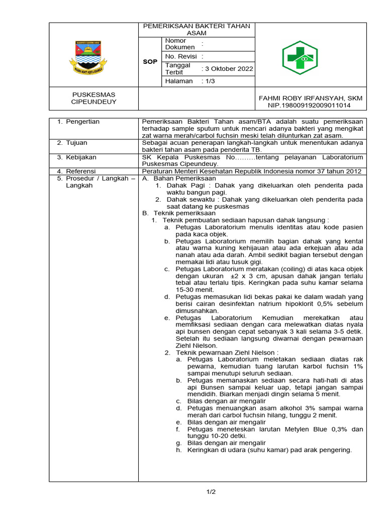 8.1.2.2 SOP Pemeriksaan BTA | PDF