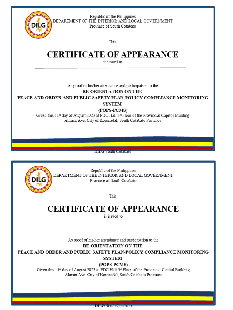 Certificate of APPEARANCE FOR POPS PCMS REORIENTATION AUG 11 2023 | PDF