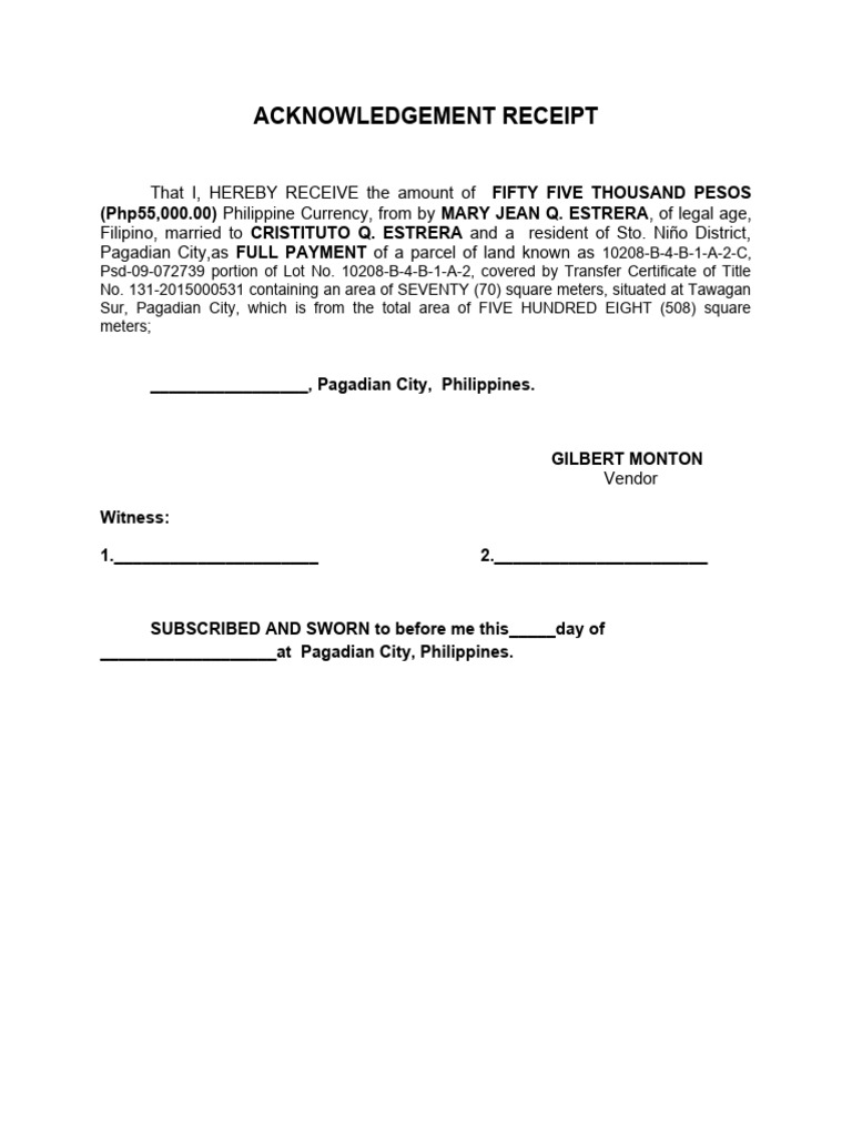 Acknowledgment Receipt (Full Payment of Land Parcel) | PDF | Law