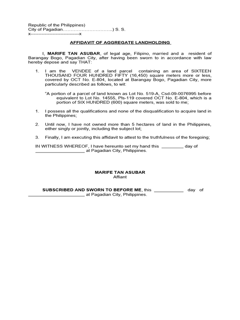 Affidavit of Aggregate Landholding & Non-Tenancy | PDF | Affidavit | Land Law