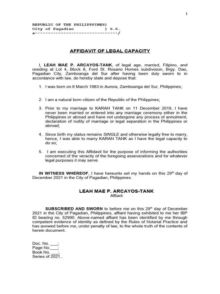 Affidavit of Legal Capacity to Marry | PDF