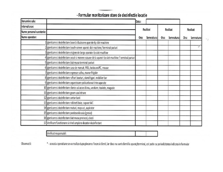 Formular Monitorizare Dezinfectie | PDF