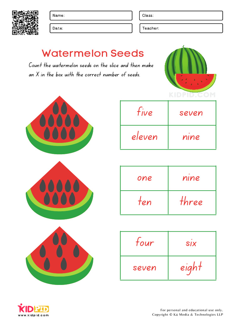 Counting Watermelon Seeds Worksheets For Kids | PDF