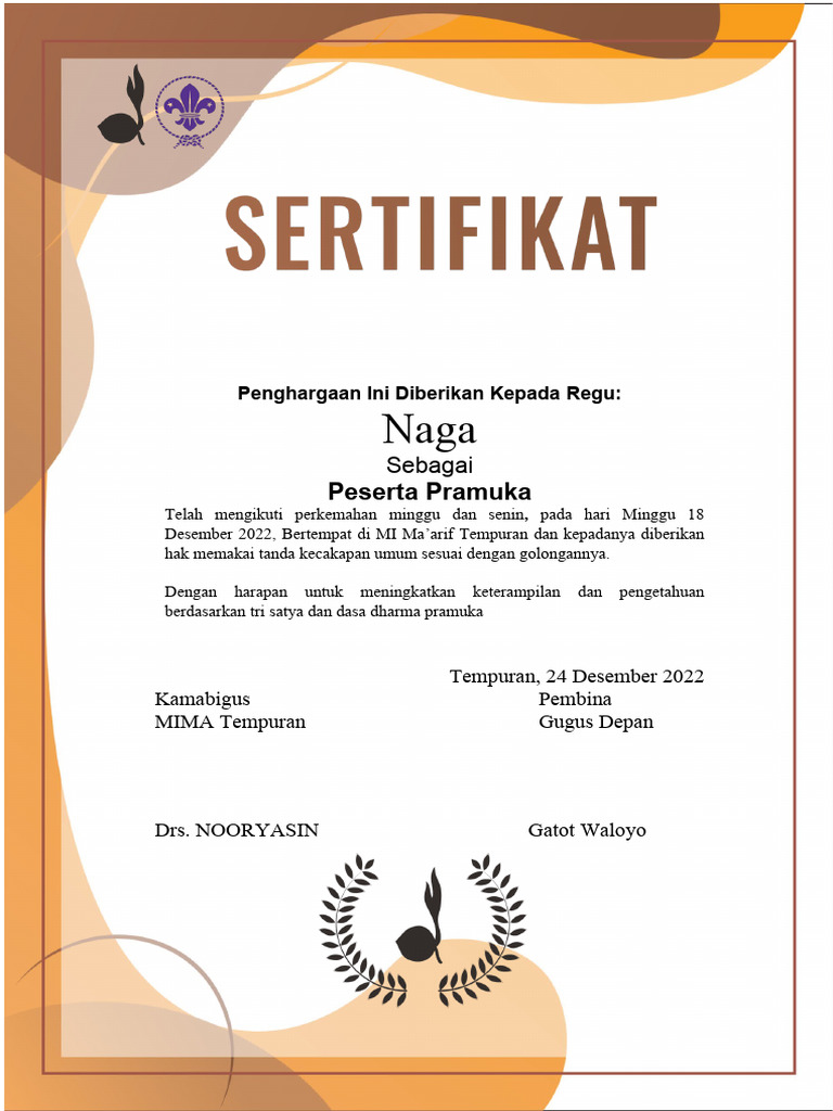 Desain Sertifikat Pramuka Gratis 1 Word Potrait | PDF