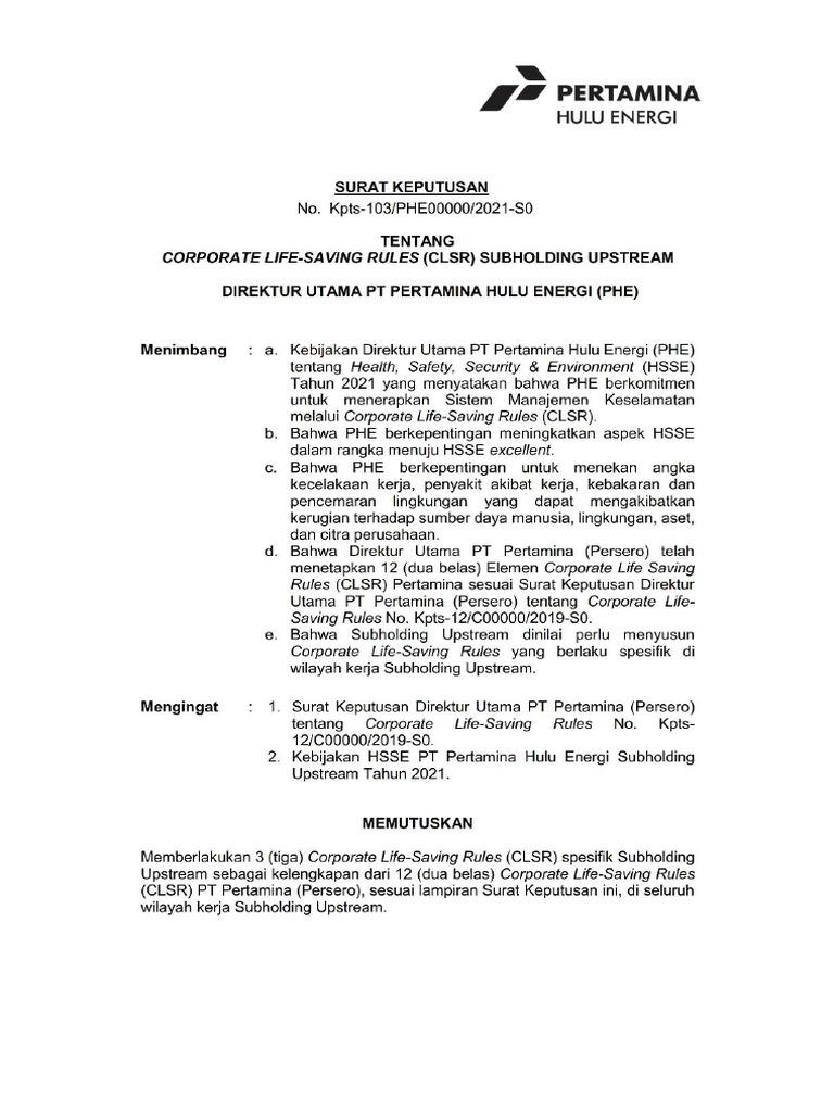 Lampiran CLSR - Kpts. 103 PHE00000 2021-S0 (R1) | PDF