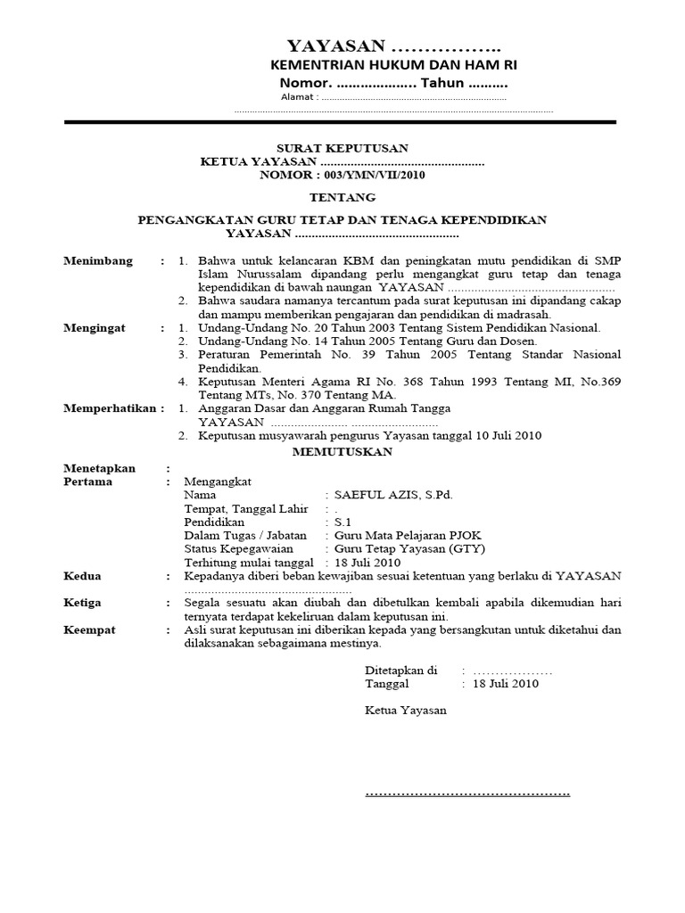 contoh SK Yayasan | PDF