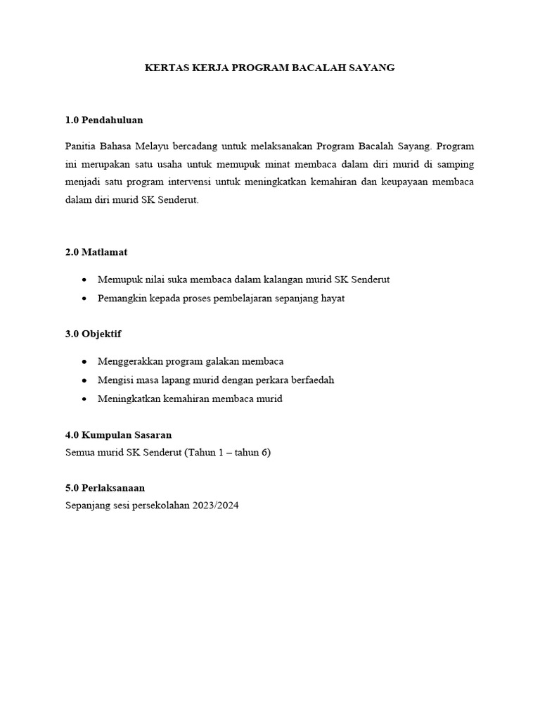 Kertas Kerja Program Bacalah Sayang | PDF