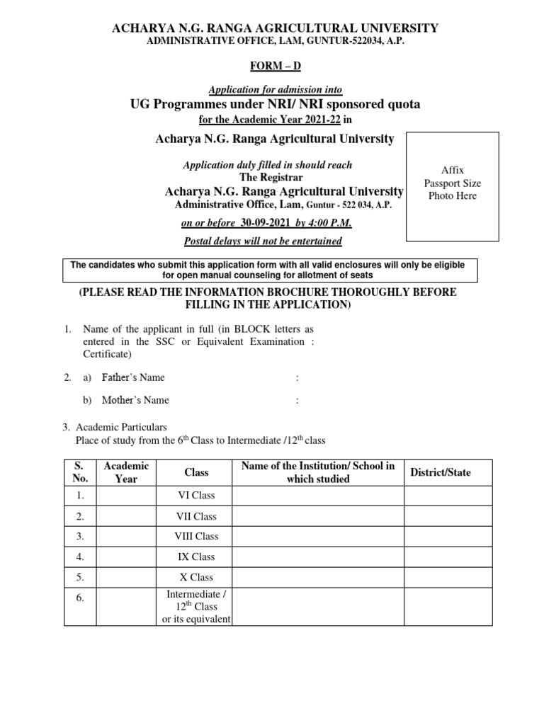 2021-22 - NRI Application With Brocure | PDF | University And College Admission | Travel Visa