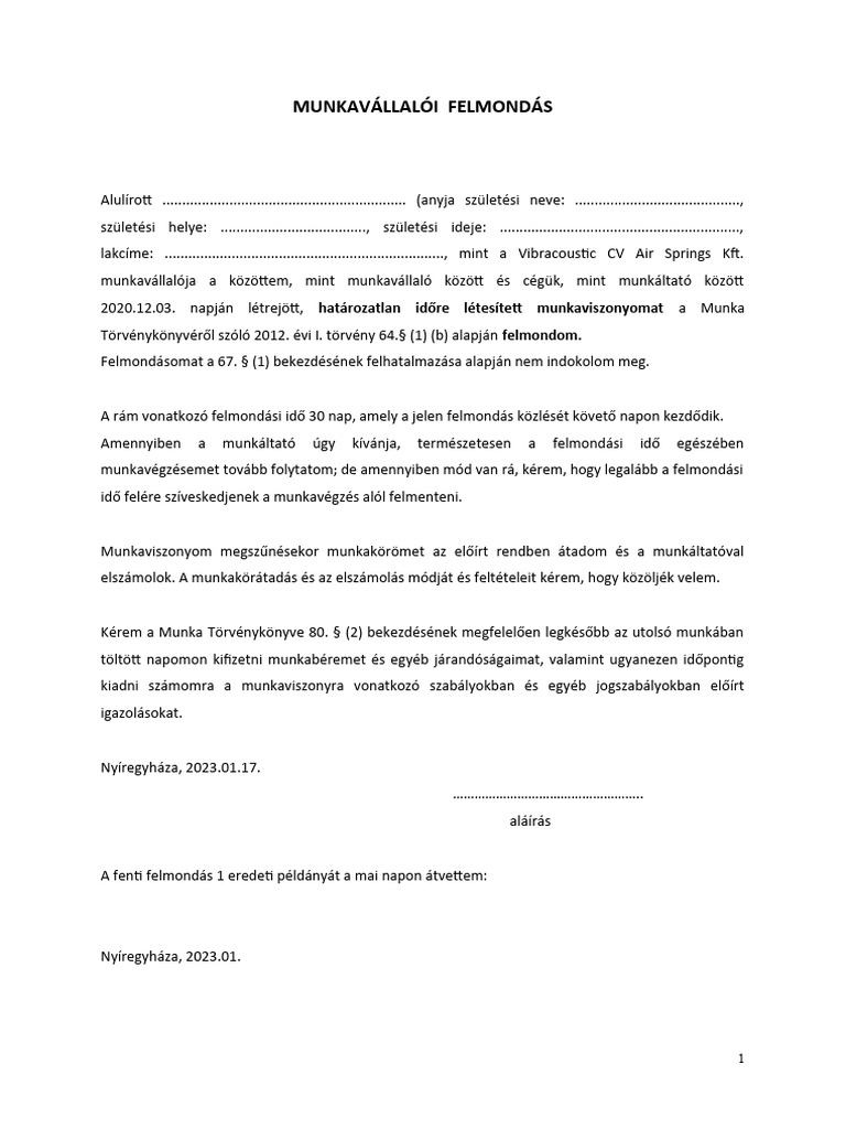 Felmondas Munkavall Hatarozatlan | PDF