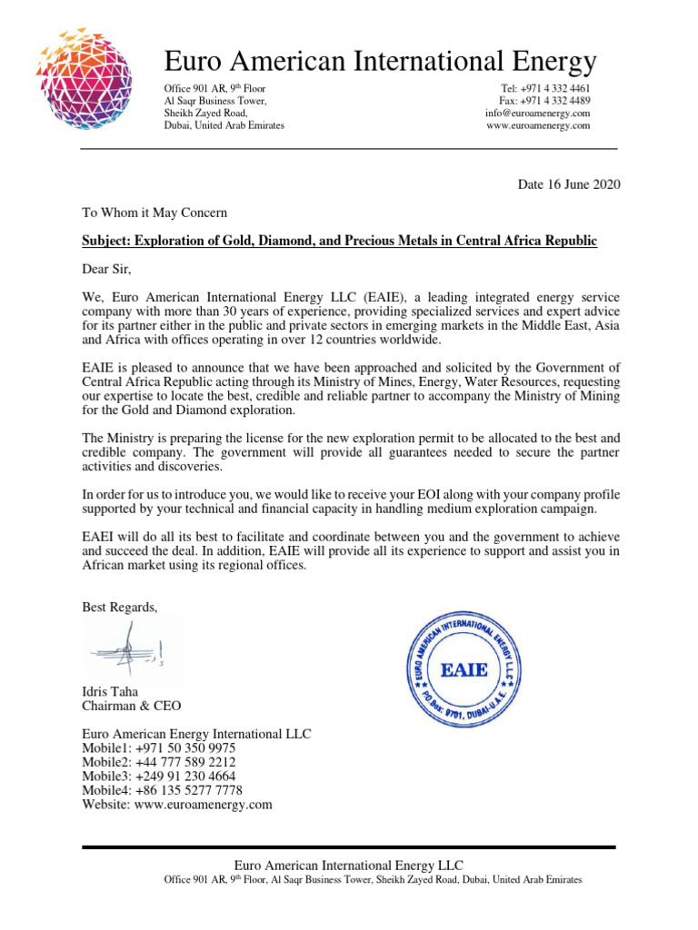 Central Africa Republic - Mining of Gold and Diamond Introduction Letter | PDF