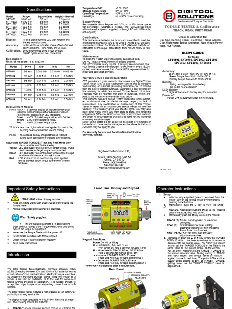SPT Electronic Portable Torque Tester User Manual | PDF | Calibration ...