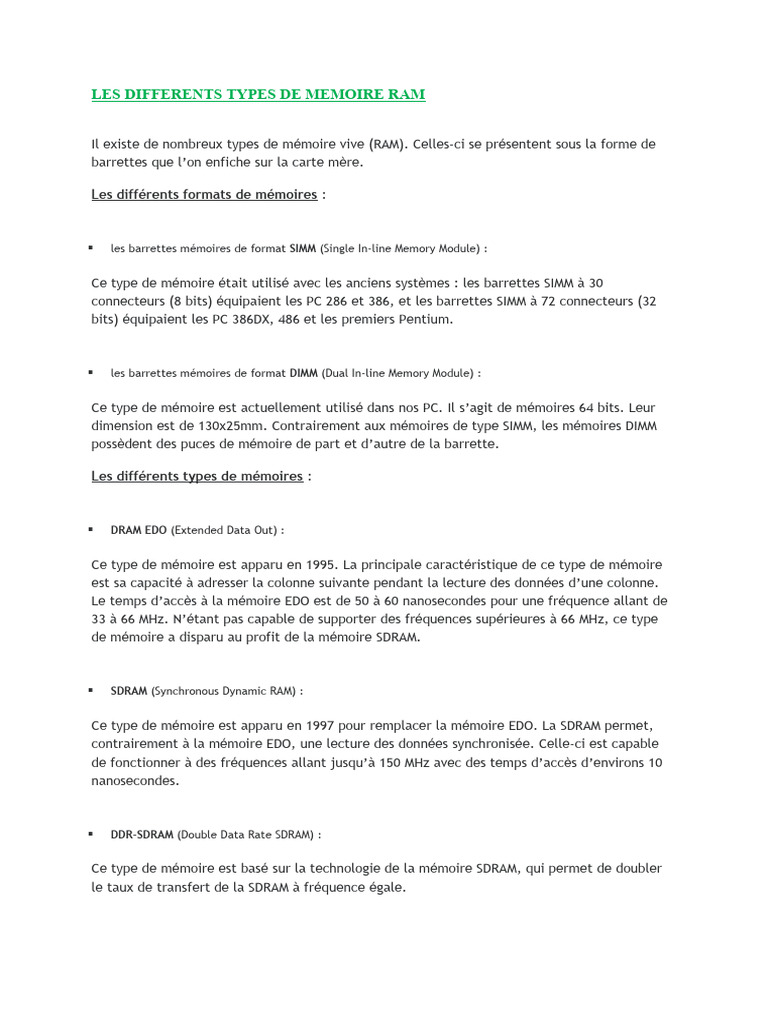 Les Differents Types de Memoire Ram | PDF | Processeur | Informatique