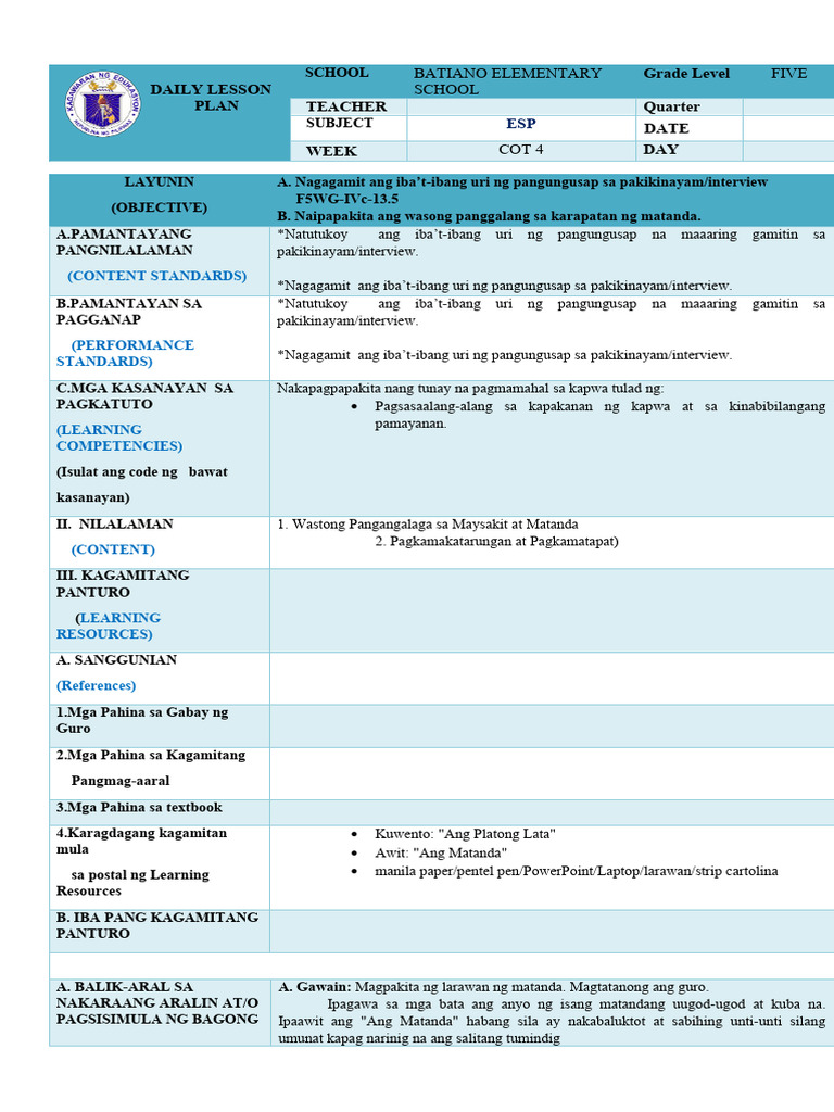 Daily Lesson Plan in Filipino 5 | PDF