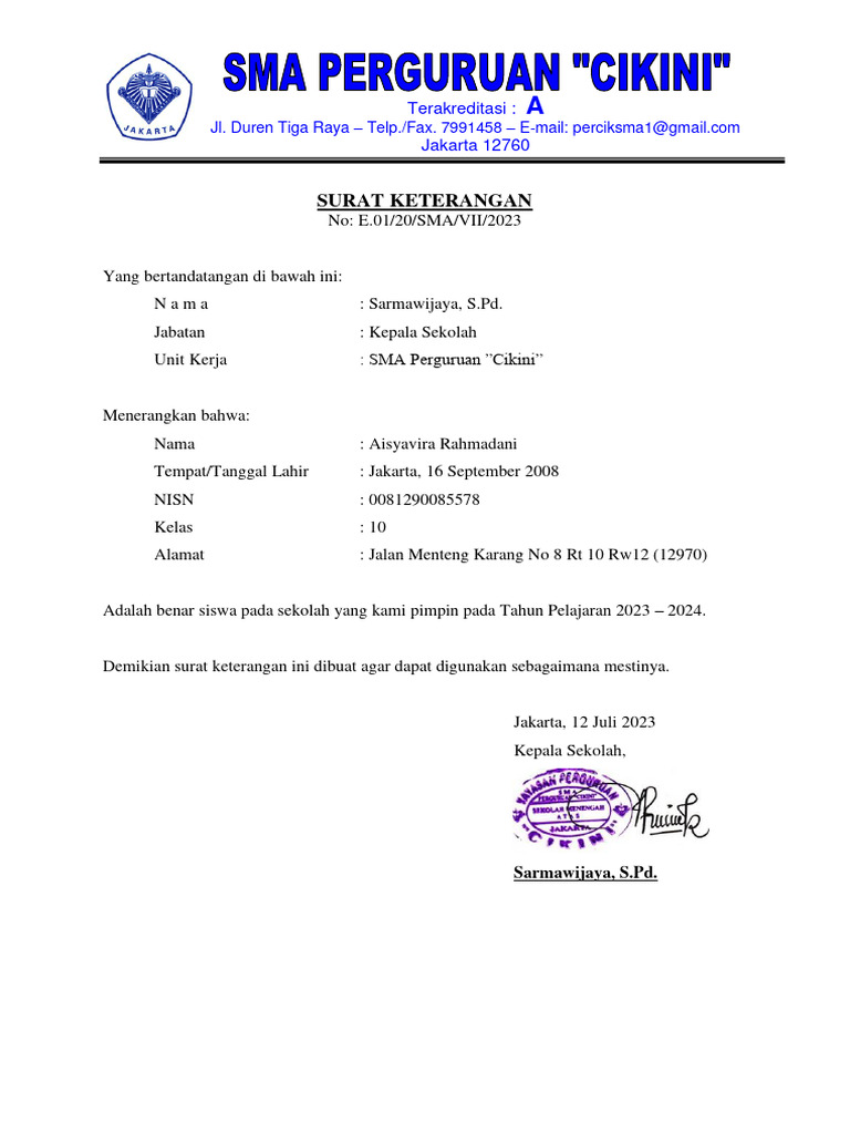 Surat Keterangan Siswa | PDF