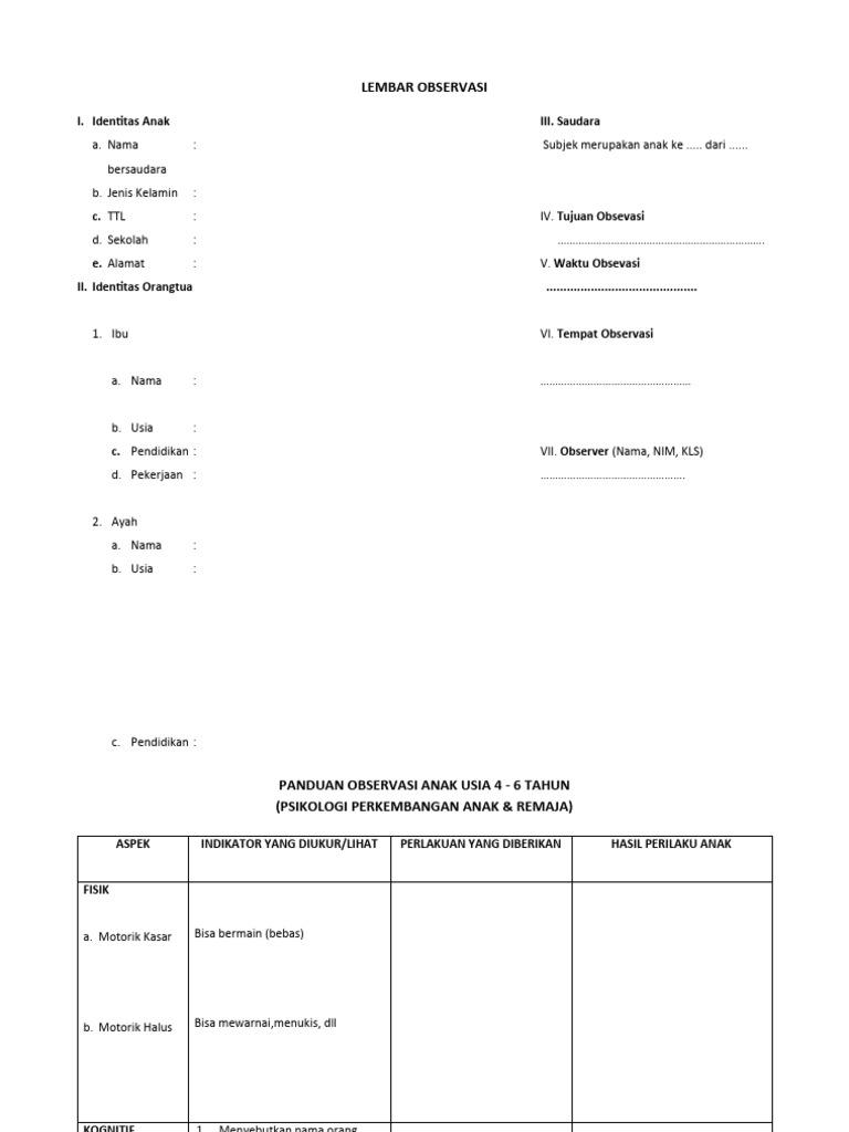 Lembar Observasi Anak TK | PDF