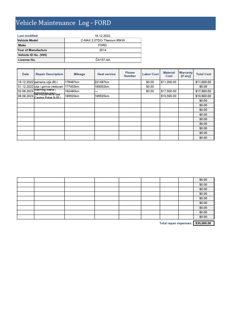 Ford C-Max Service Log | PDF | Manufactured Goods | Car Manufacturers