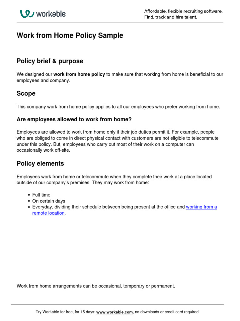 Work Home Policy Sample | PDF | Employment | Human Resource Management