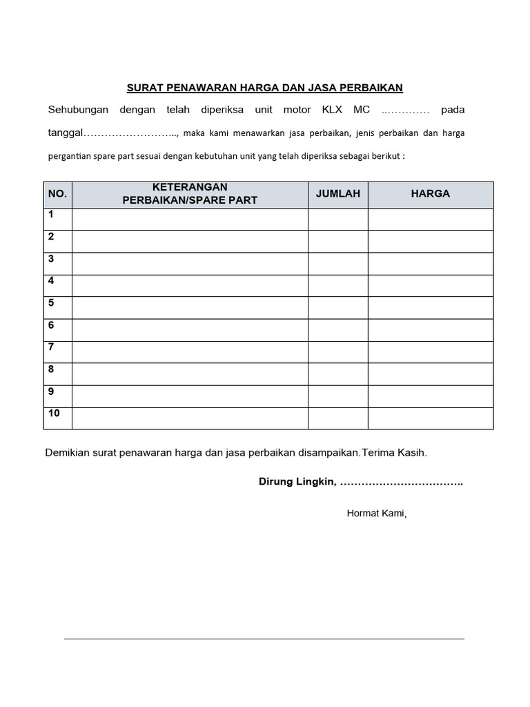 Form Penawaran Servis | PDF | Bisnis