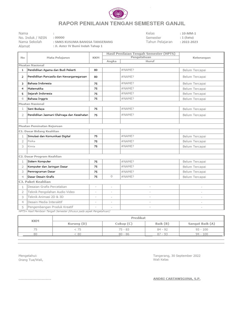 Rapor Penilaian Tengah Semester Ganjil | PDF