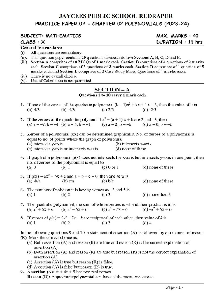 Maths Class X Chapter 02 Polynomials Practice Paper 02 | PDF