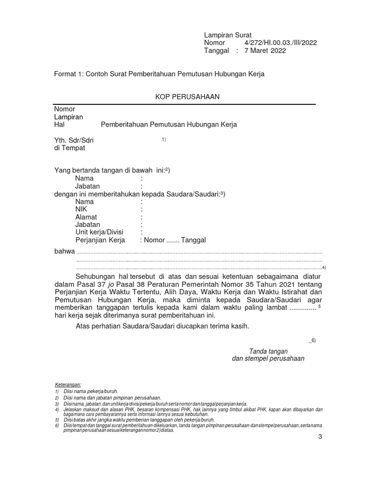 Contoh Surat Pemberitahuan PHK | PDF
