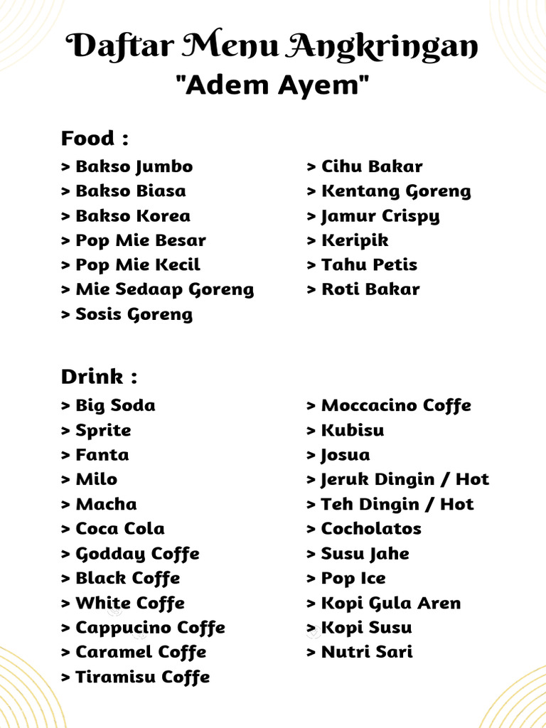 Daftar Menu Angkringan | PDF | Cooking, Food & Wine