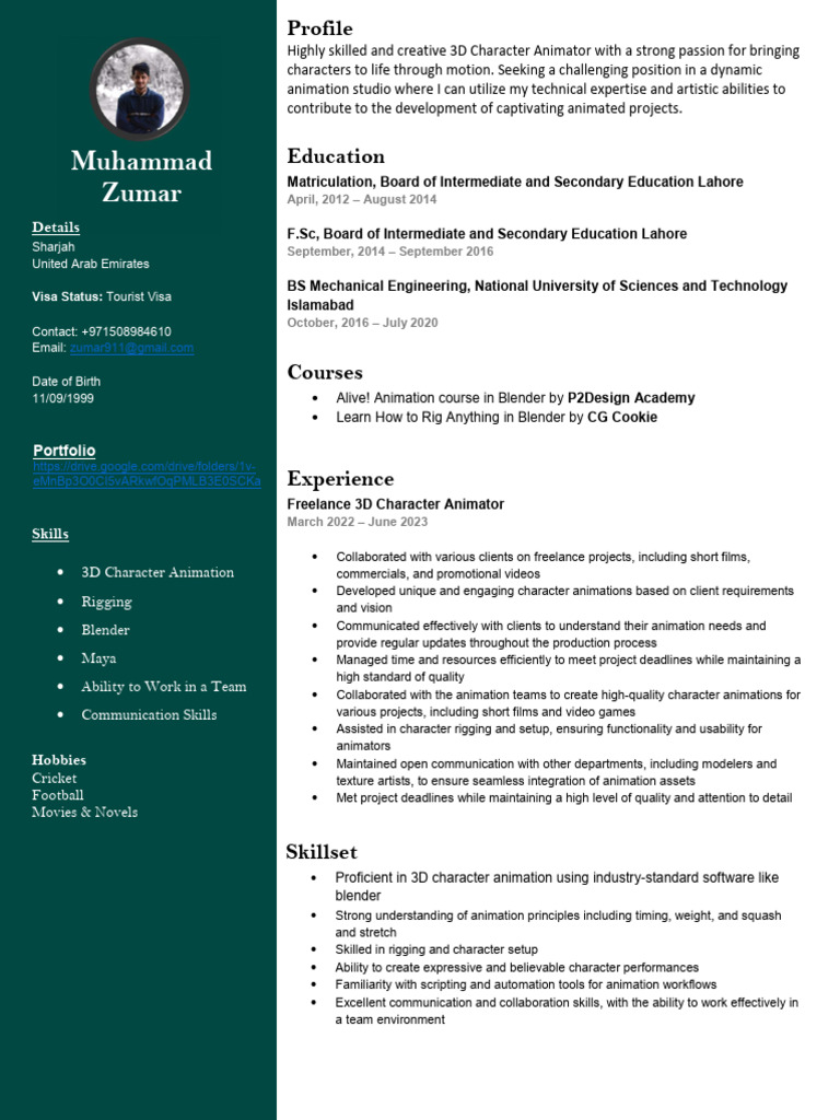 3D Animator Resume-1 | PDF | Blender (Software) | Animation